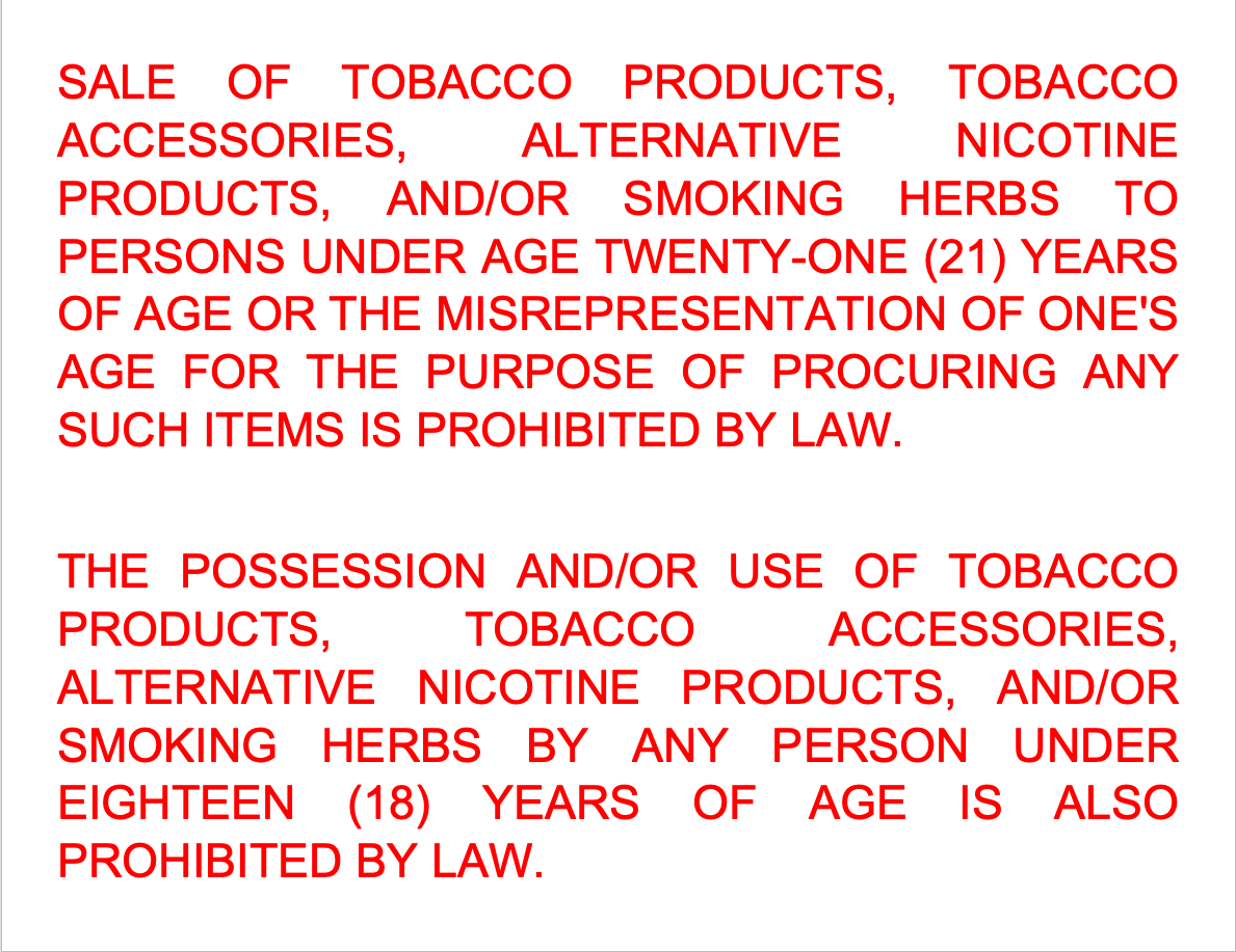 No Tobacco Products for anyone under age 21! | Round Lake Heights, IL